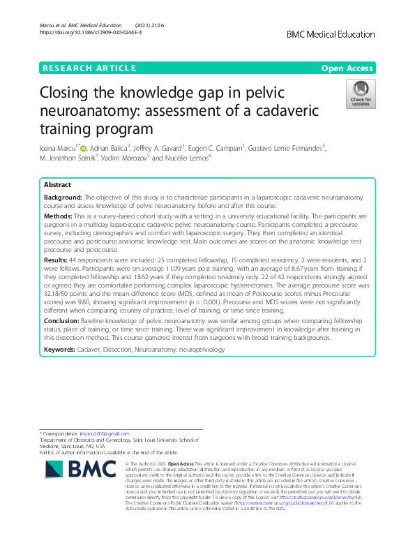 (PDF) Closing the knowledge gap in pelvic neuroanatomy: assessment of a cadaveric training program