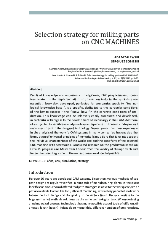 Pdf Selection Strategy For Milling Parts On Cnc Machines Sergiusz