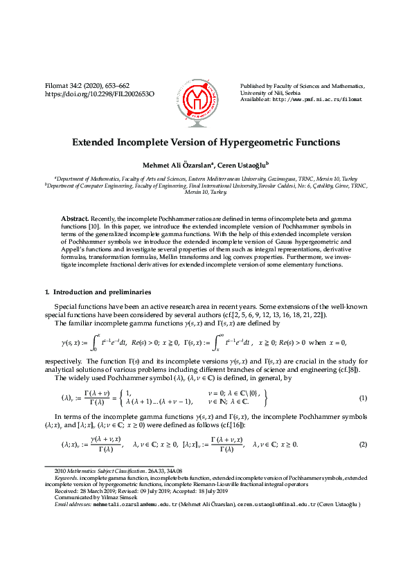 (PDF) Extended incomplete version of hypergeometric functions