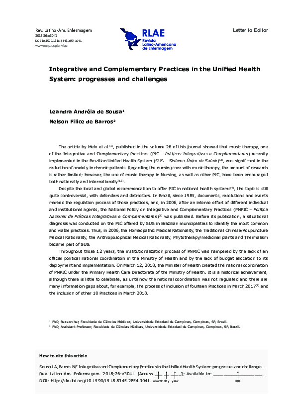 (PDF) Integrative and Complementary Practices in the Unified Health System: progresses and ...