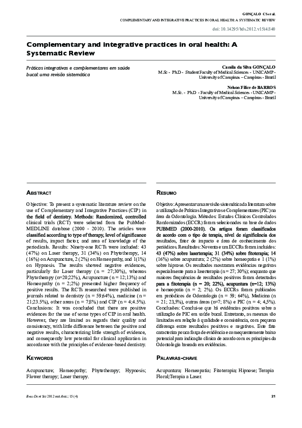 (PDF) Complementary and integrative practices inoral health: A Systematic Review