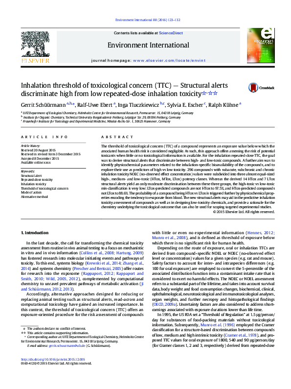 (PDF) Inhalation threshold of toxicological concern (TTC) — Structural ...