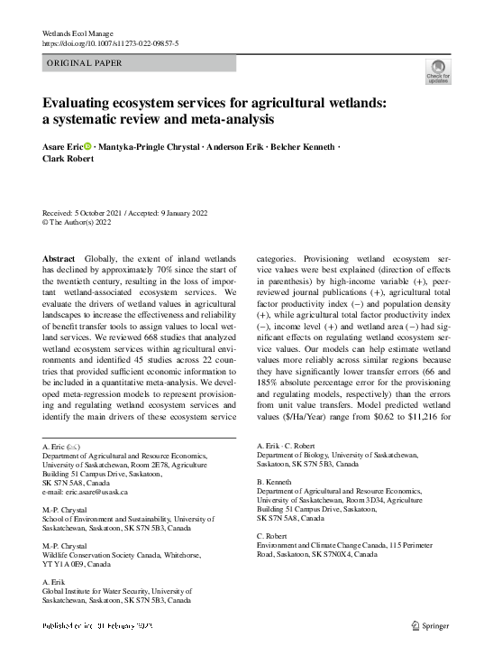 Pdf Evaluating Ecosystem Services For Agricultural Wetlands A
