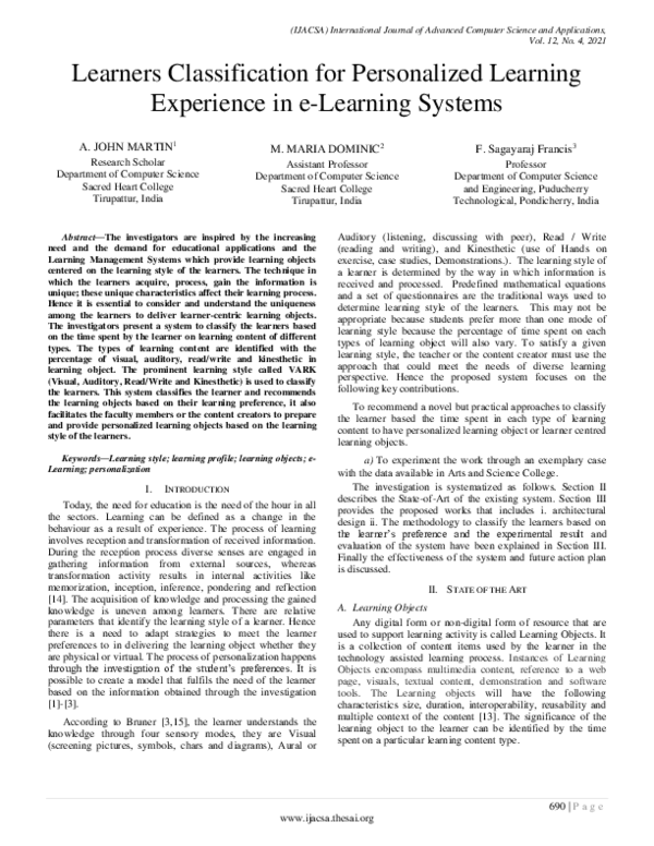(PDF) Learners Classification for Personalized Learning Experience in e ...