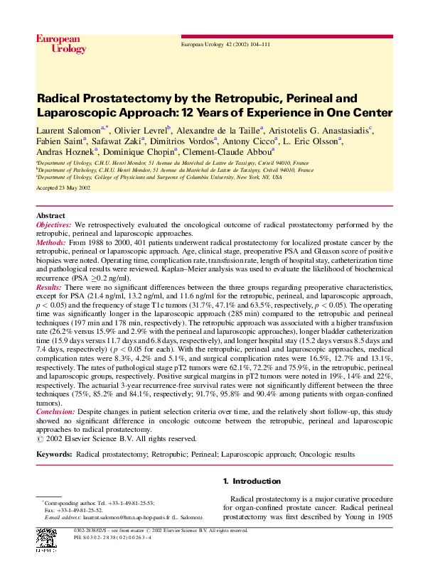 (PDF) Radical Prostatectomy by the Retropubic, Perineal and ...