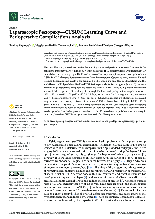 (PDF) Laparoscopic Pectopexy—CUSUM Learning Curve and Perioperative Complications Analysis ...