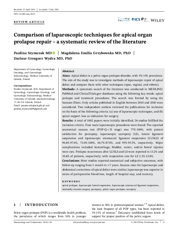 (PDF) Comparison of laparoscopic techniques for apical organ prolapse repair – a systematic ...