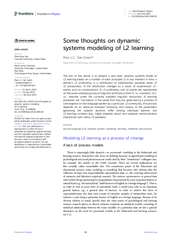 (PDF) Some thoughts on dynamic systems modeling of L2 learning