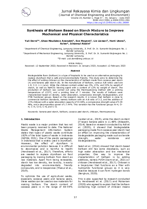 (PDF) Synthesis of Biofoam Based on Starch Mixture of Cassava Peel and ...
