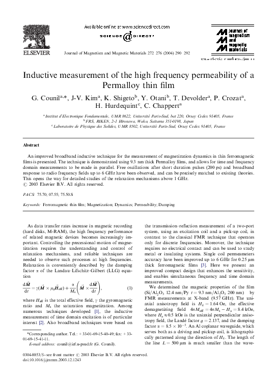 (PDF) Inductive measurement of the high frequency permeability of a Permalloy thin film
