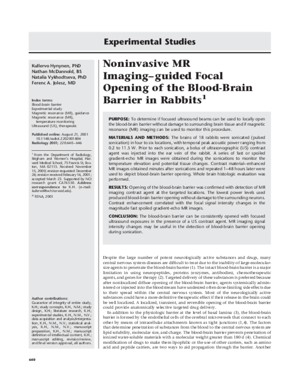 (PDF) Noninvasive MR Imaging–guided Focal Opening of the Blood-Brain ...
