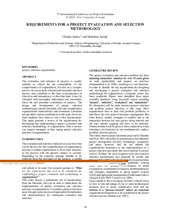 (PDF) Requirements for a project evaluation and selection methodology