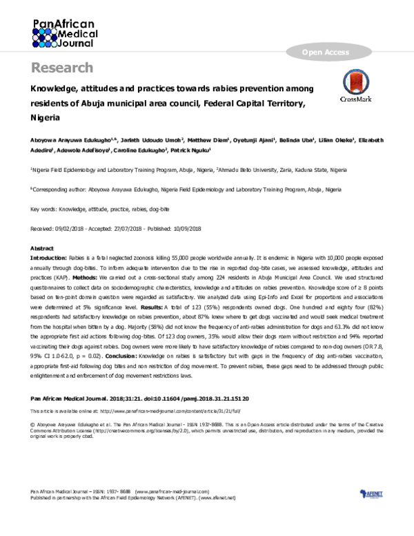 (PDF) Knowledge, attitudes and practices towards rabies prevention among residents of Abuja ...