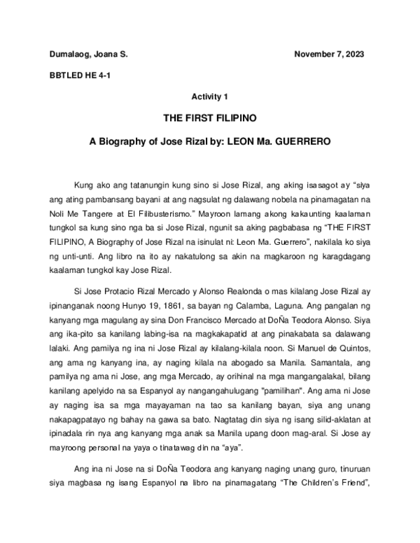 (PDF) THE FIRST FILIPINO A Biography of Jose Rizal by: Leon Ma. Guerrero