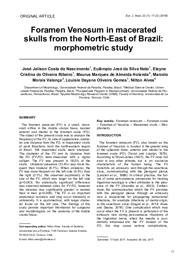 (PDF) Foramen Venosum in macerated skulls from the North-East of Brazil ...