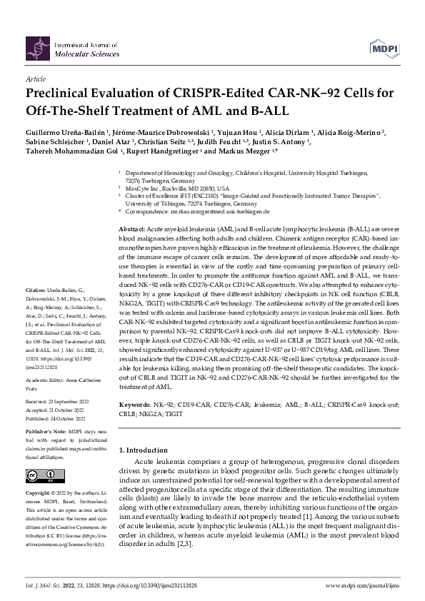 (PDF) Preclinical Evaluation of CRISPR-Edited CAR-NK-92 Cells for Off-the-Shelf Treatment of AML ...