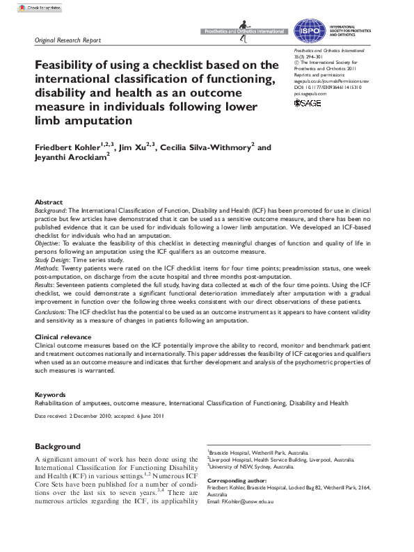 (PDF) ICF Checklist for Measuring Outcomes After Lower Limb Amputation