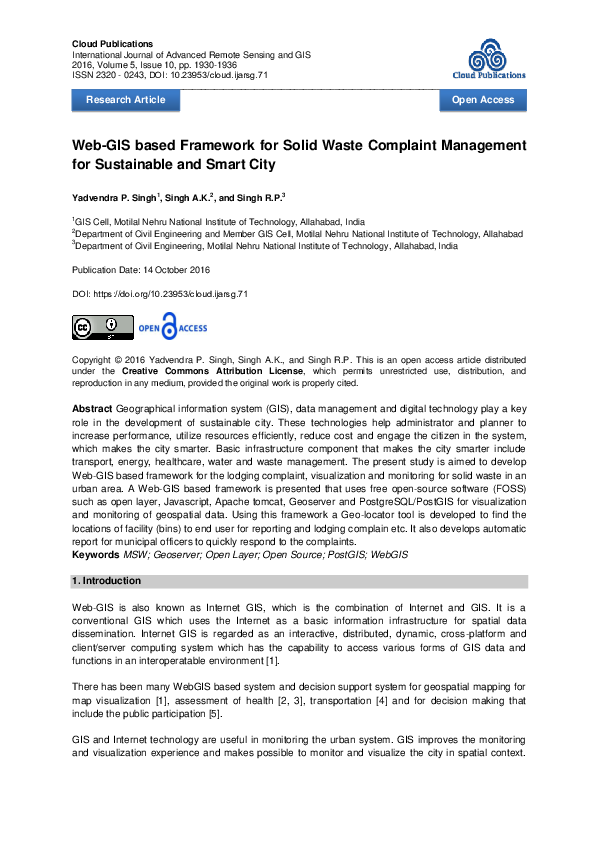 (PDF) Web-GIS based Framework for Solid Waste Complaint Management for Sustainable and Smart City