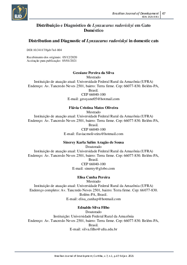 (PDF) Distribuição e Diagnóstico De Lynxacarus Radoviskyi Em Gato ...