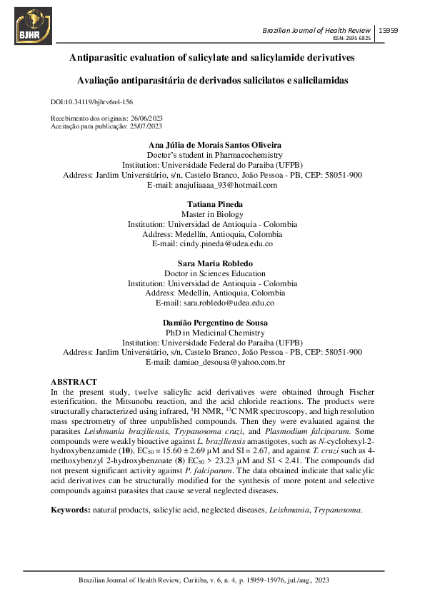 (PDF) Antiparasitic evaluation of salicylate and salicylamide derivatives
