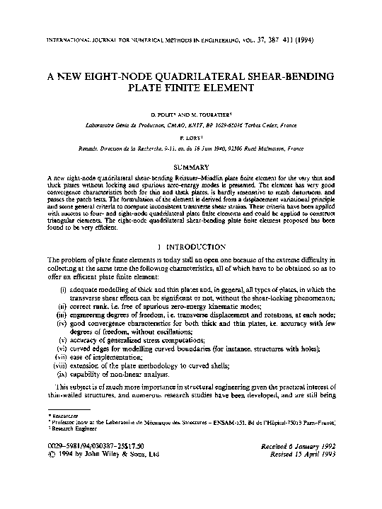 Pdf A New Eight Node Quadrilateral Shear Bending Plate Finite Element