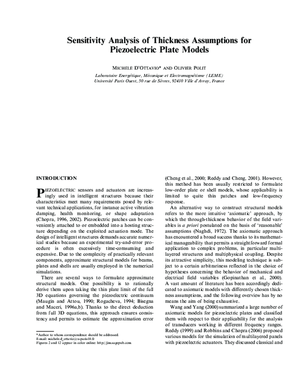 (PDF) Sensitivity Analysis of Thickness Assumptions for Piezoelectric Plate Models