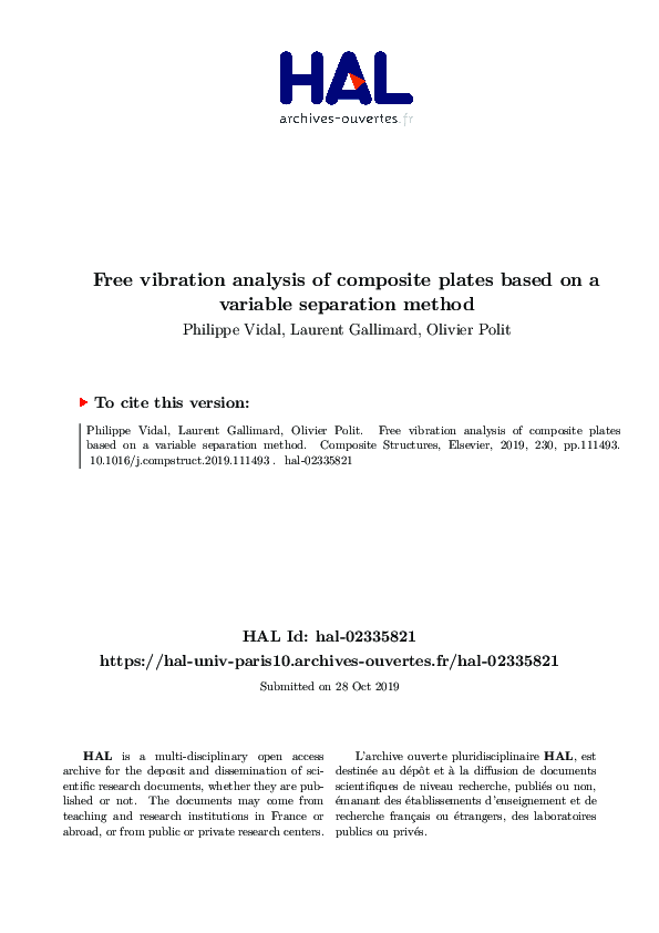 Pdf Free Vibration Analysis Of Composite Plates Based On A Variable Separation Method
