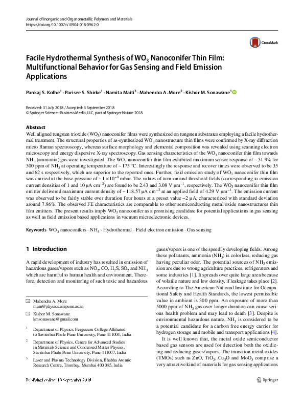 (PDF) Facile Hydrothermal Synthesis of WO3 Nanoconifer Thin Film: Multifunctional Behavior for ...