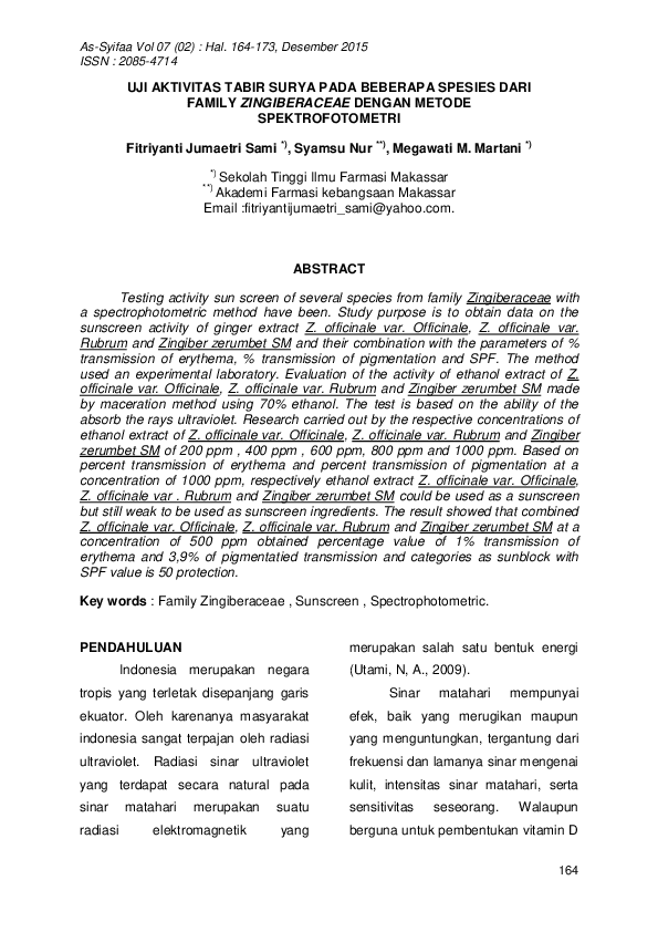 (PDF) Uji Aktivitas Tabir Surya Pada Beberapa Spesies Dari Family Zingiberaceae Dengan Metode ...