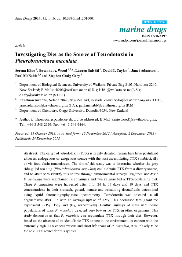 (PDF) Investigating Diet as the Source of Tetrodotoxin in ...