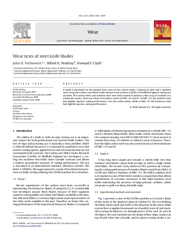 (PDF) Wear tests of steel knife blades