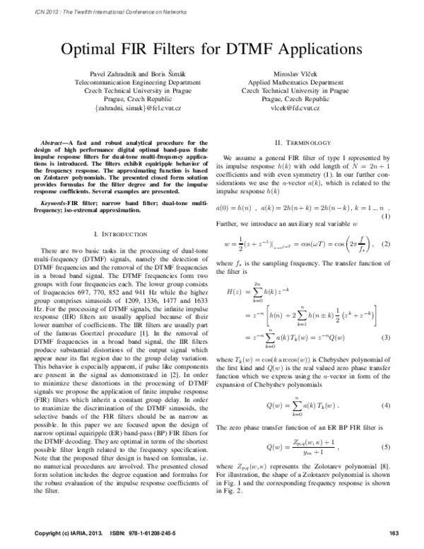 (PDF) Optimal FIR Filters for DTMF Applications | Boris Šimák - Academia.edu