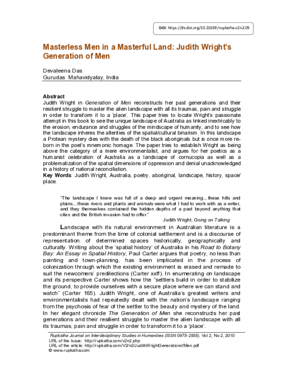 (PDF) Masterless Men in a Masterful Land: Judith Wright’s Generation of Men