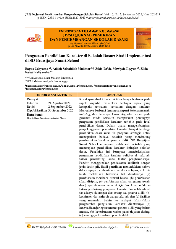 (PDF) Penguatan Pendidikan Karakter di Sekolah Dasar: Studi Implementasi di SD Brawijaya Smart ...