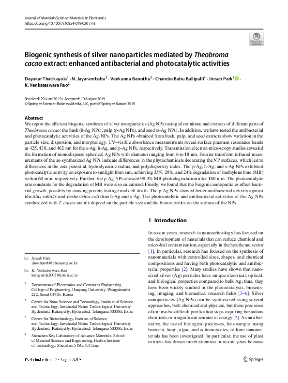 (PDF) Biogenic synthesis of silver nanoparticles mediated by Theobroma cacao extract: enhanced ...