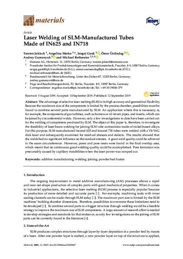 (PDF) Laser Welding of SLM-Manufactured Tubes Made of IN625 and IN718