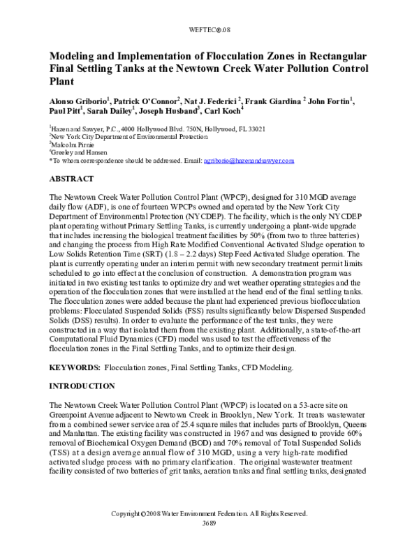 (PDF) Modeling and Implementation of Flocculation Zones in Rectangular Final Settling Tanks at ...
