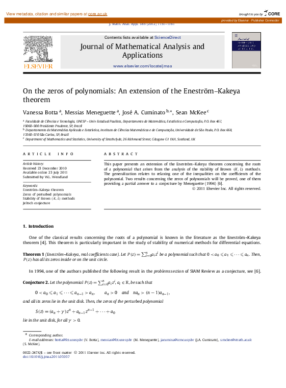(PDF) On the zeros of polynomials: An extension of the Eneström–Kakeya ...