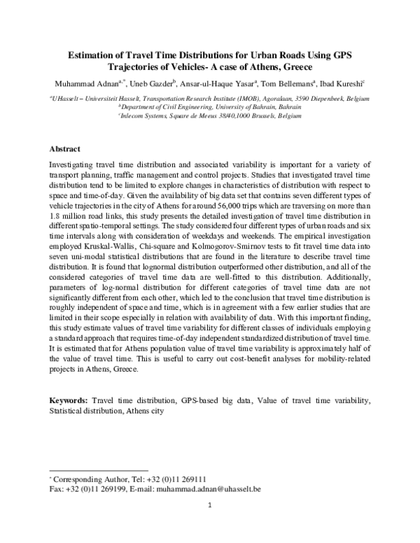 (PDF) Estimation of travel time distributions for urban roads using GPS trajectories of vehicles ...