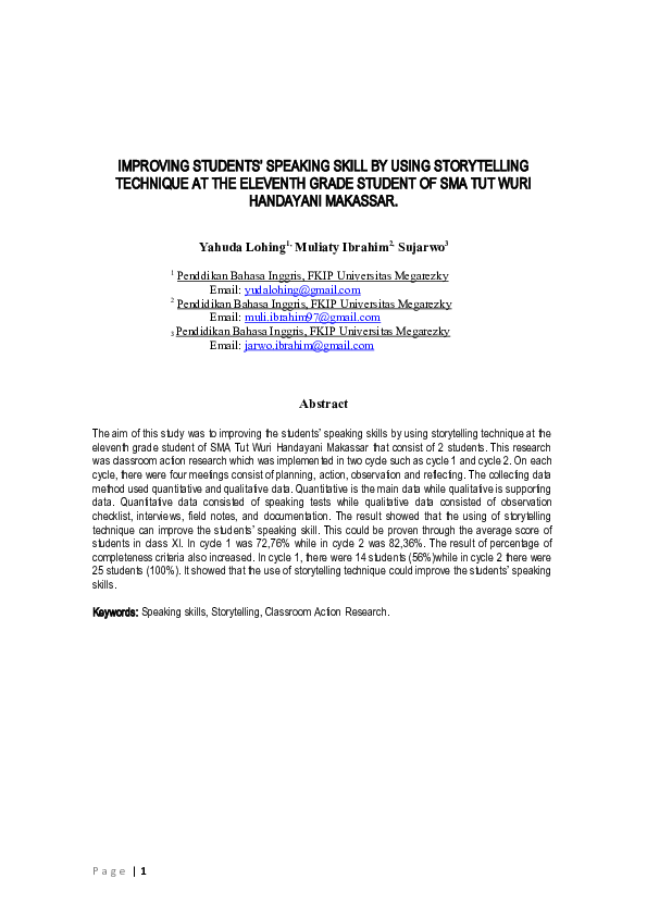 (DOC) IMPROVING STUDENTS' SPEAKING SKILL BY USING STORYTELLING TECHNIQUE AT THE ELEVENTH GRADE ...