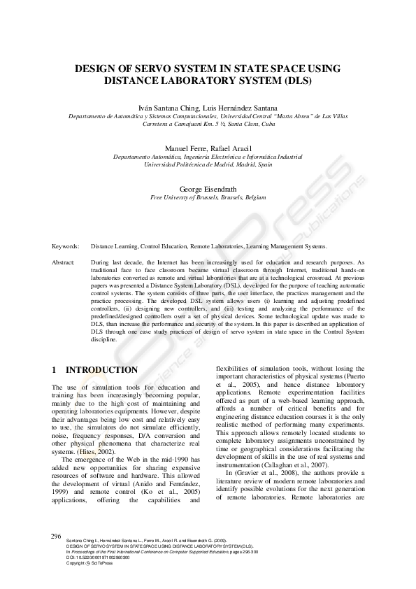 (PDF) Design of Servo System in State Space Using Distance Laboratory System (DLS) | Luis ...