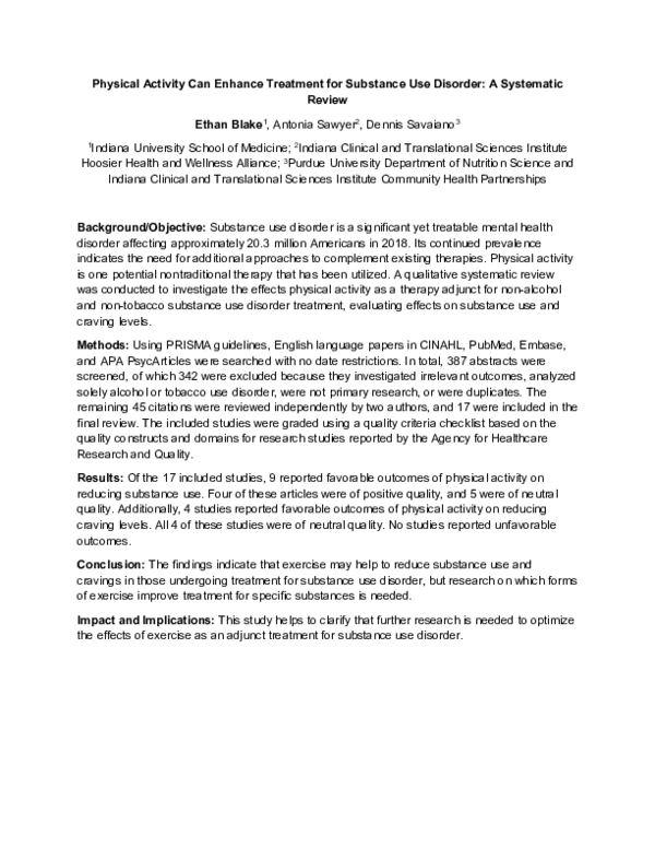 (PDF) Physical Activity Can Enhance Treatment for Substance Use Disorder: A Systematic Review
