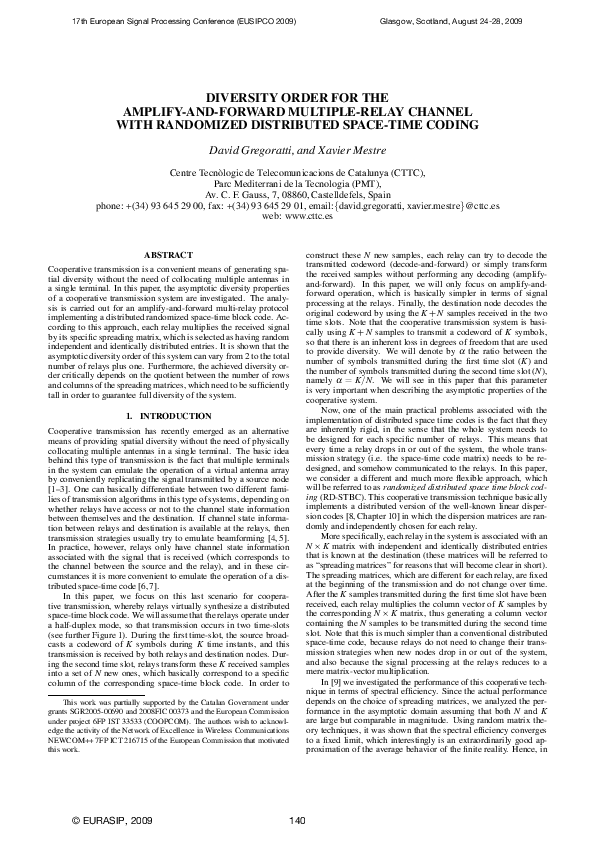 (PDF) Diversity Order For The Amplify-And-Forward Multiple-Relay Channel With Randomized ...