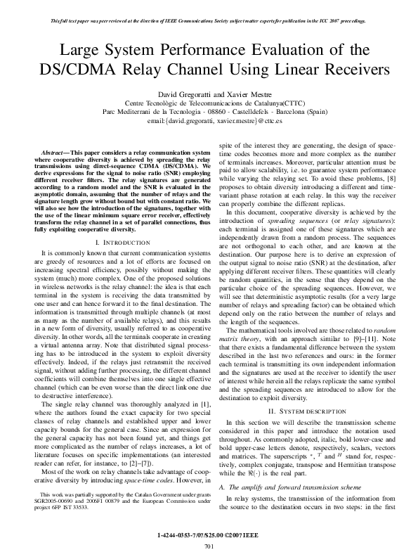 (PDF) Large system performance evaluation of the DS/CDMA relay channel using linear receivers