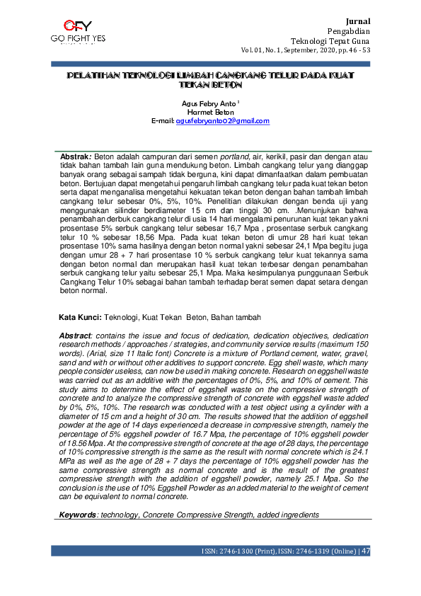 (PDF) Pelatihan Teknologi Limbah Cangkang Telur Pada Kuat Tekan Beton
