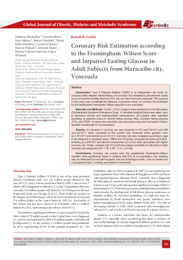 (PDF) Coronary Risk Estimation According to the Framingham-Wilson Score ...