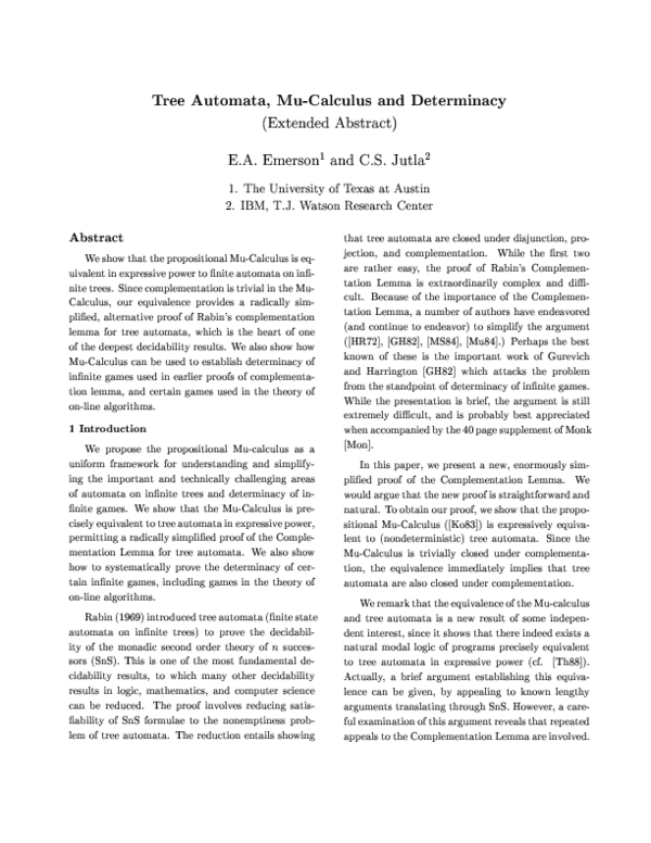Pdf Tree Automata Mu Calculus And Determinacy Charanjit Jutla