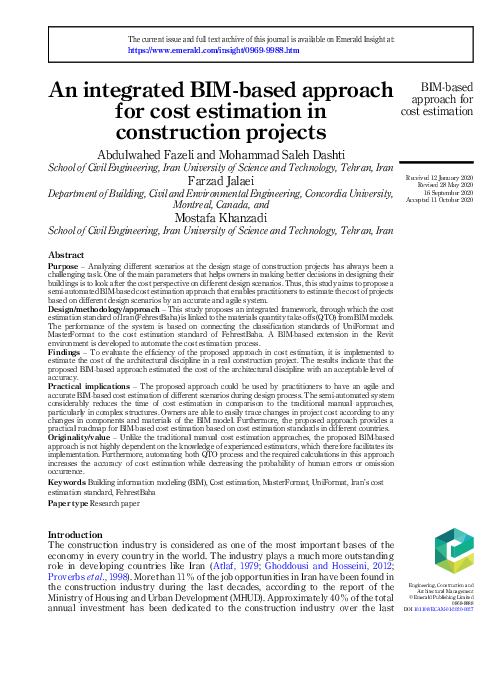 Pdf An Integrated Bim Based Approach For Cost Estimation In Construction Projects