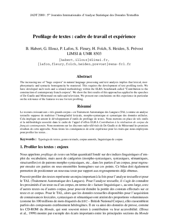 (PDF) «Profilage de textes: cadre de travail et expérience»