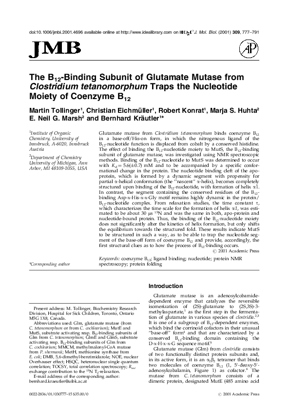 (PDF) The B12-Binding Subunit of Glutamate Mutase from Clostridium ...